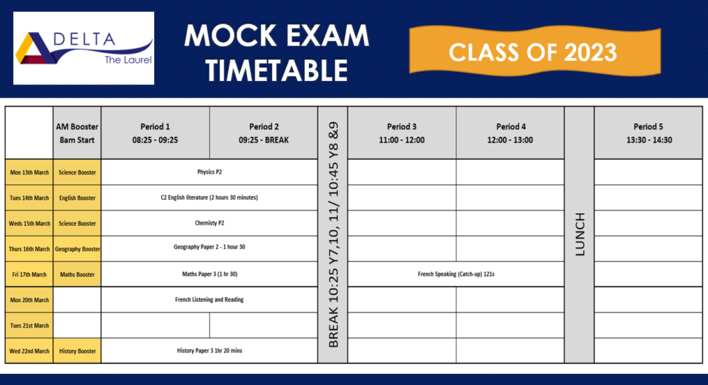 Year 11 Mock Exam Timetable 13/03 - 22/03 - The Laurel Academy